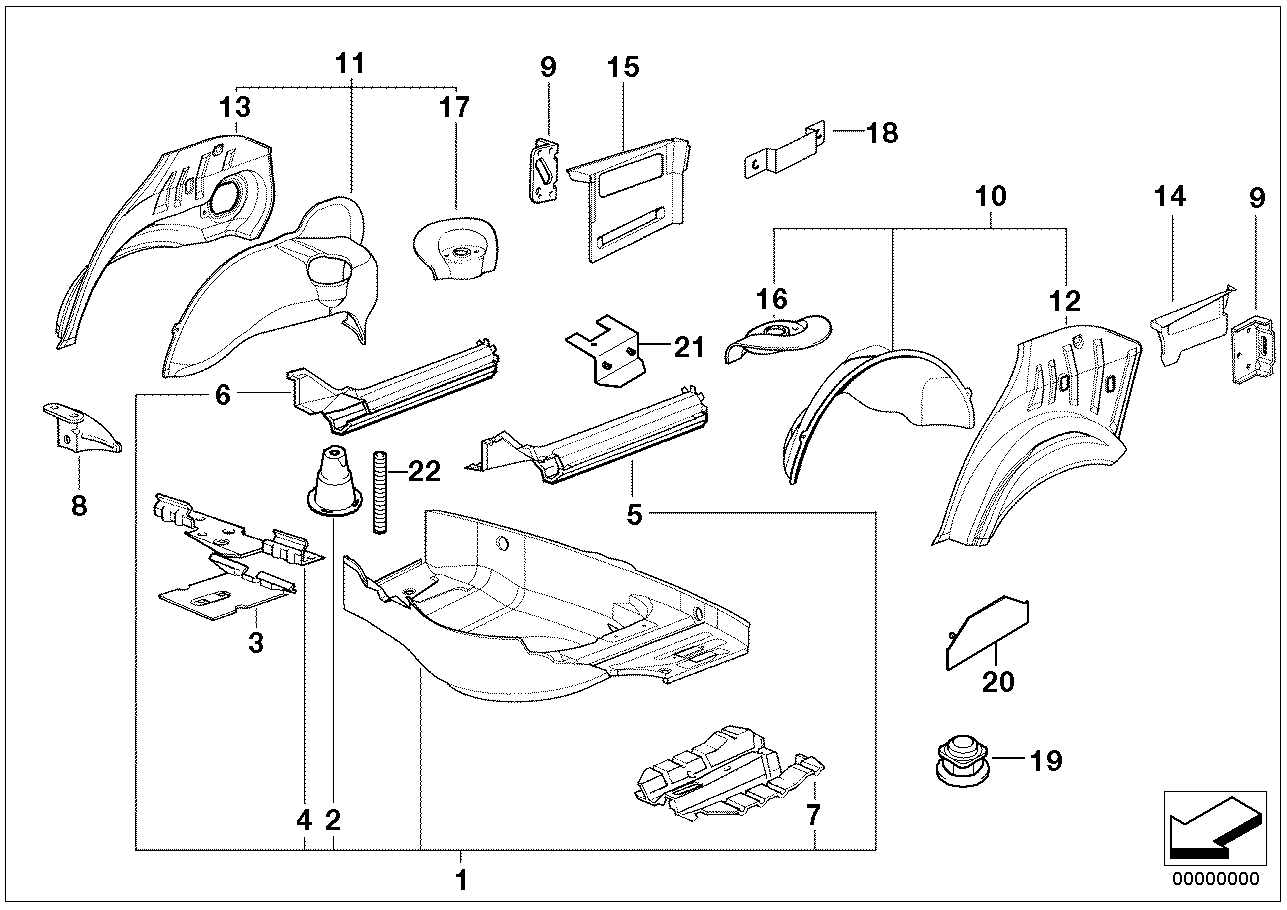 1995 BMW 325is Coupe(E36) Floor Panel Trunk / Wheel Housing Rear